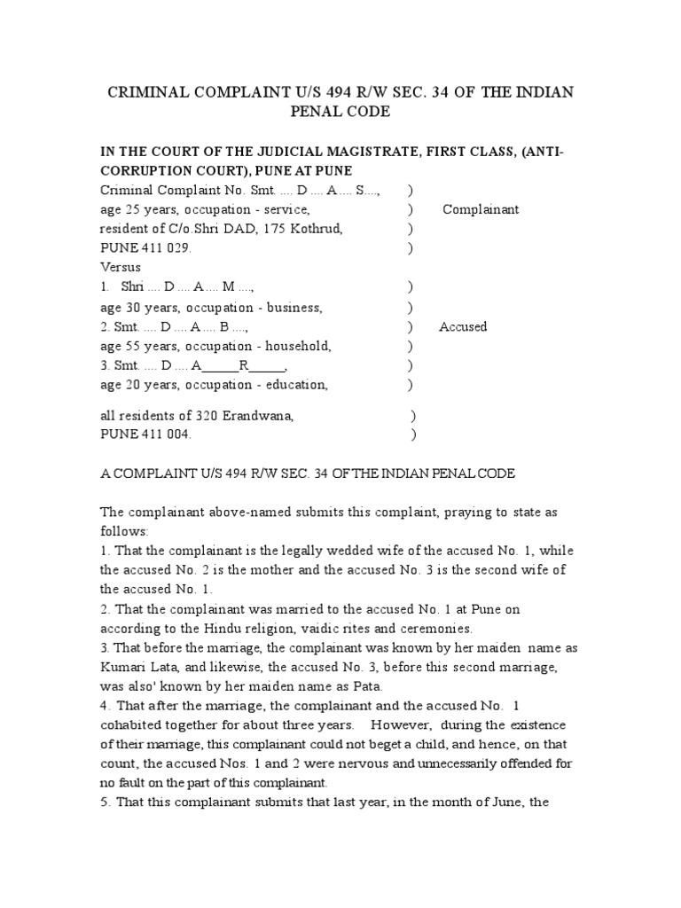 Criminal Complaint Us 494 RW Sec. 34 of The Indian Penal code-Drafting ...