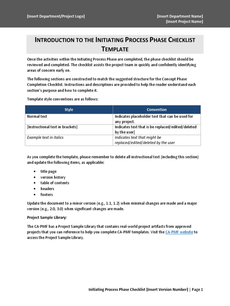 Initiating Process Phase Checklist Template With Instructions | PDF ...