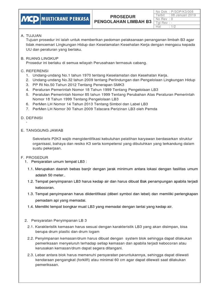P-SOP-K3-008 Prosedur Pengolahan B3 PDF | PDF