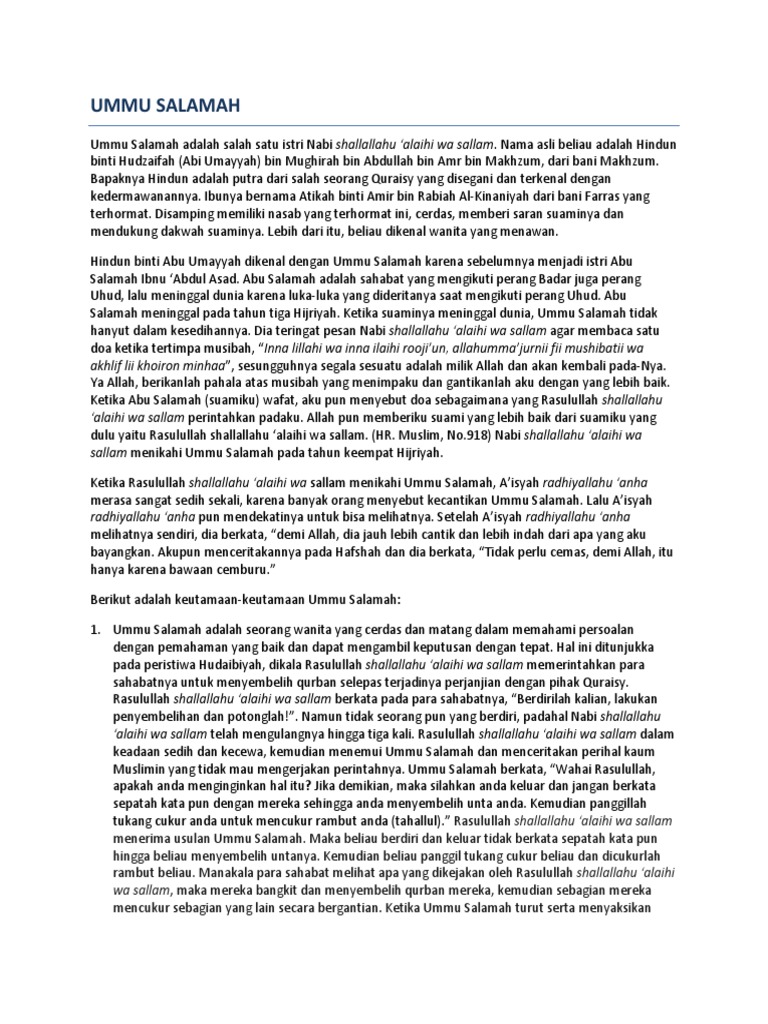 Biografi dan Keistimewaan Ummu Salamah | PDF