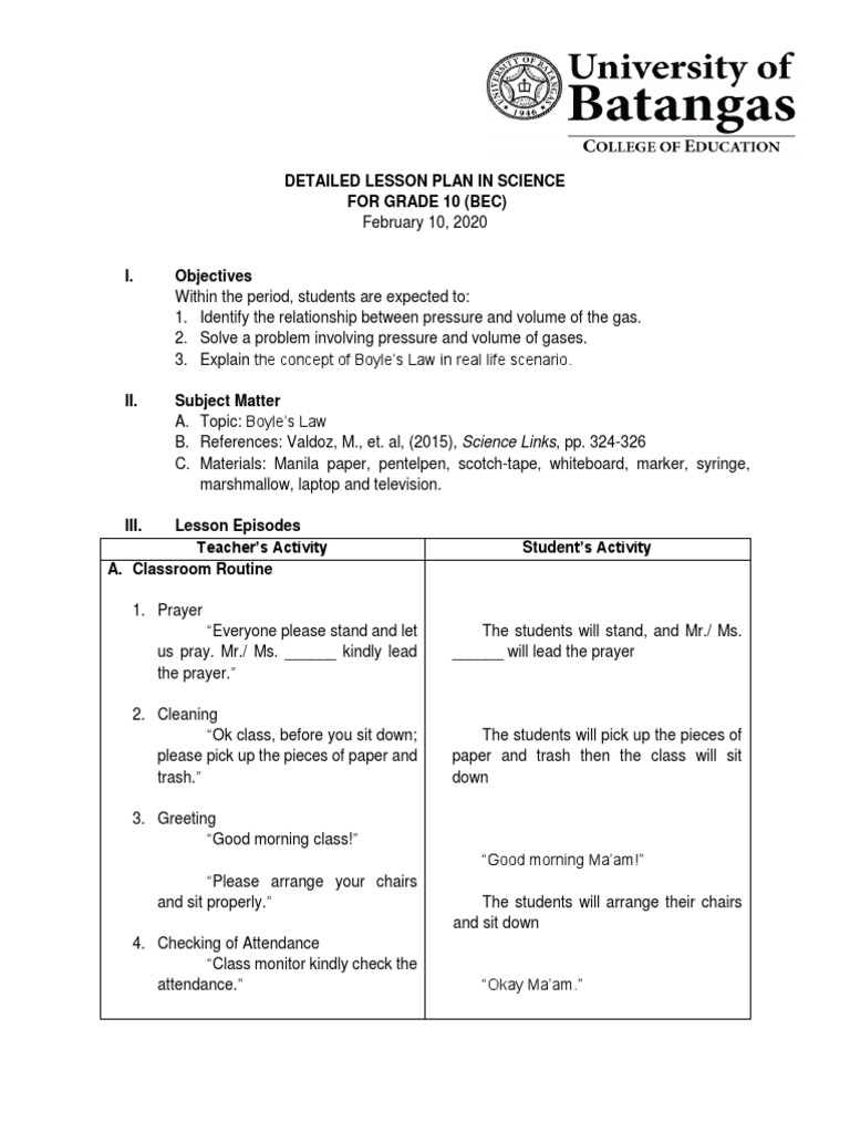 Grade 10 Boyle's Law Lesson Plan | PDF | Gases | Applied And ...