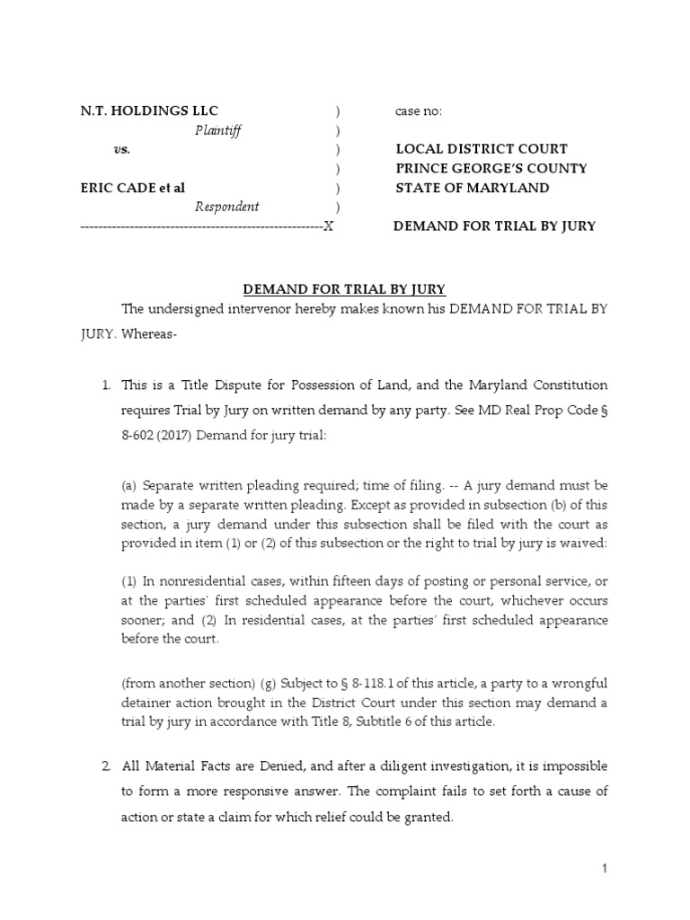 Eric Cade Jury Demand | PDF | Leasehold Estate | Law And Economics