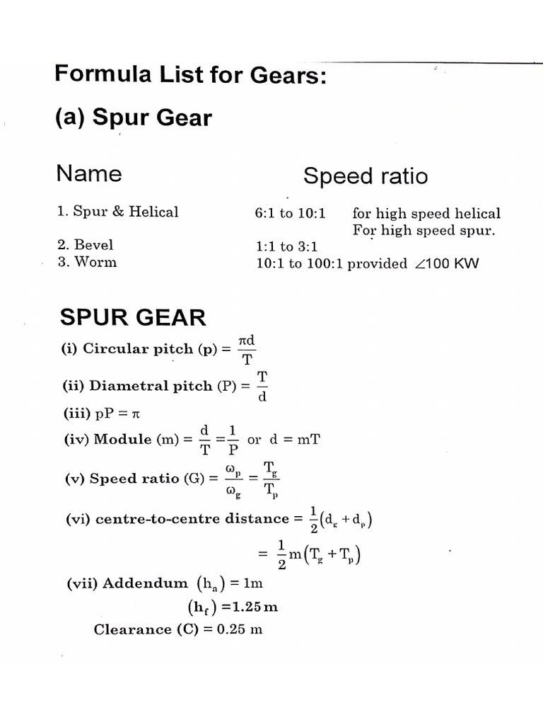 Formula List For Gears | PDF