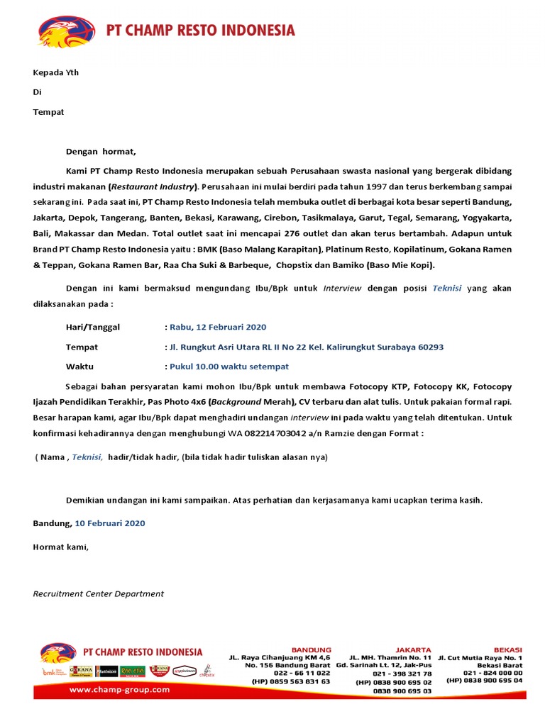 Surat Undangan Interview Surabaya | PDF