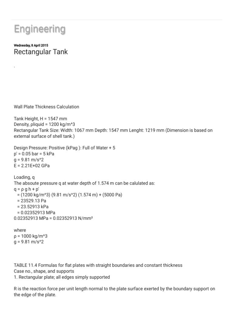 Engineering - Rectangular Tank | PDF | Pascal (Unit) | Young's Modulus