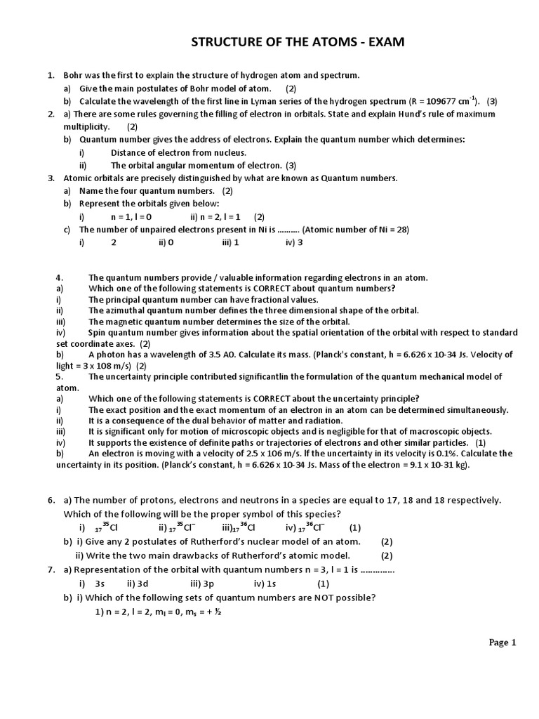 Structure of The Atom - Exam - Part1 | PDF | Atomic Orbital | Electron