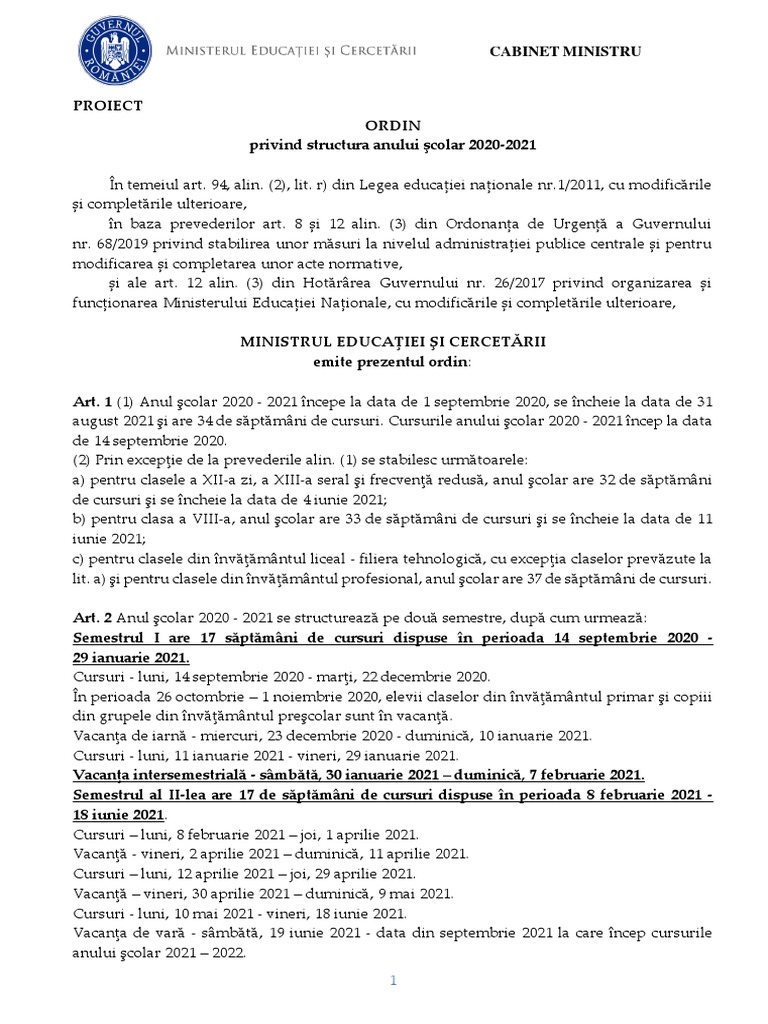 Proiect Structura Anului Scolar 2020 - 2021 PDF | PDF
