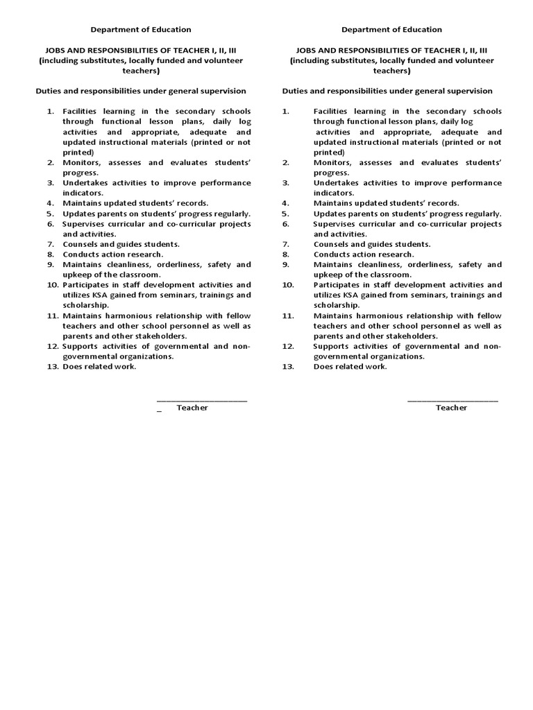 Teacher 1, II, III - Duties & Responsibilities | PDF | Lesson Plan ...