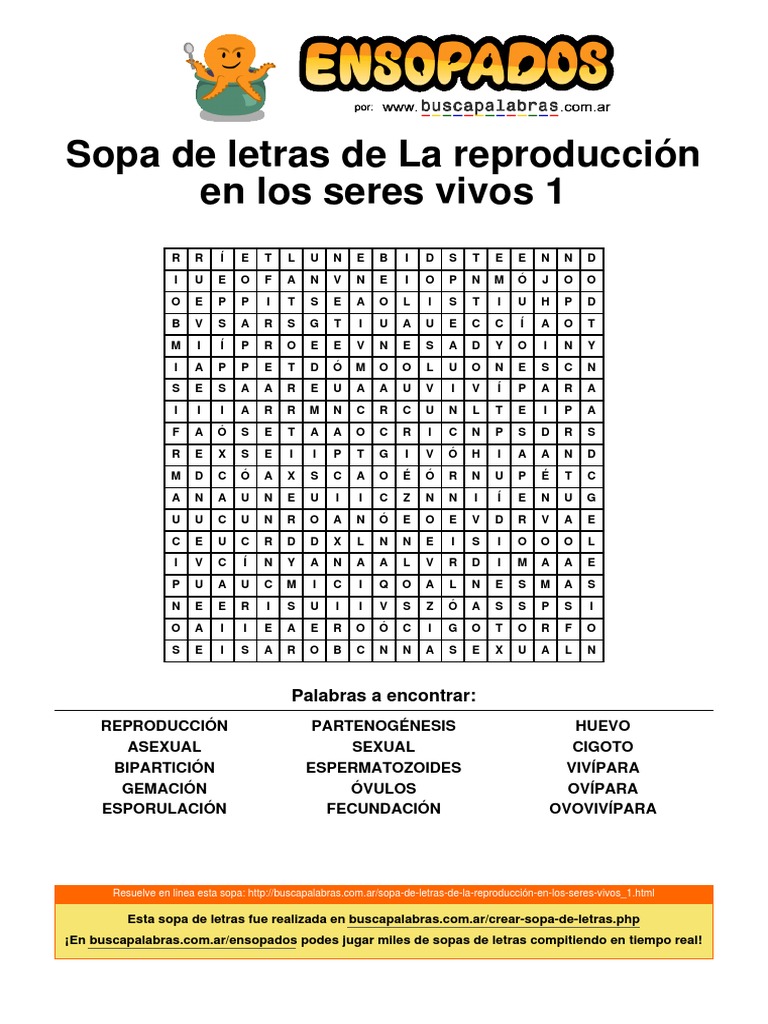 Sopa de letras: Reproducción en seres vivos | PDF | Reproducción ...
