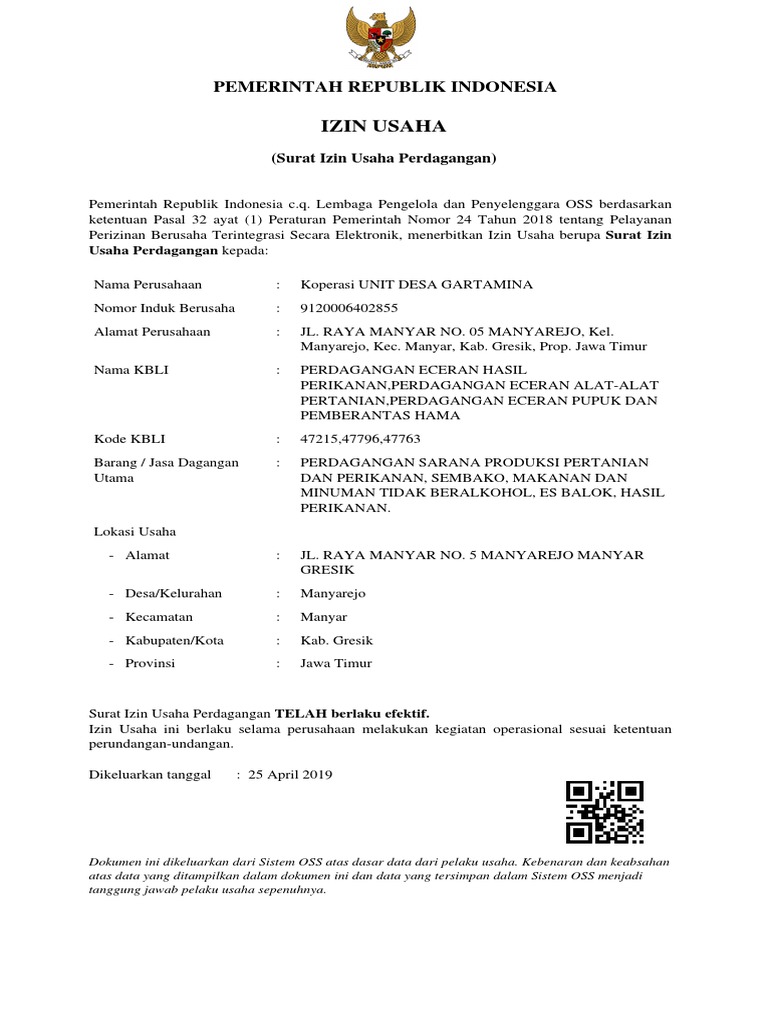 Surat Izin Usaha Koperasi GARTAMINA | PDF
