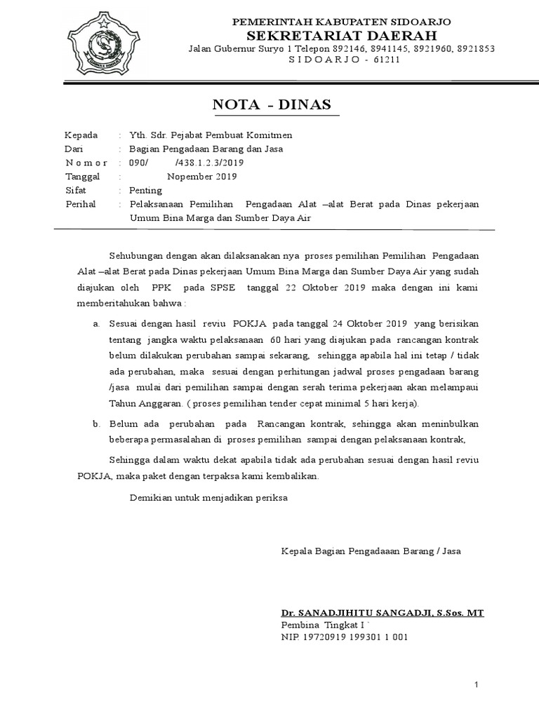 Nota Dinas PPK Alat - Alat Berat PU | PDF