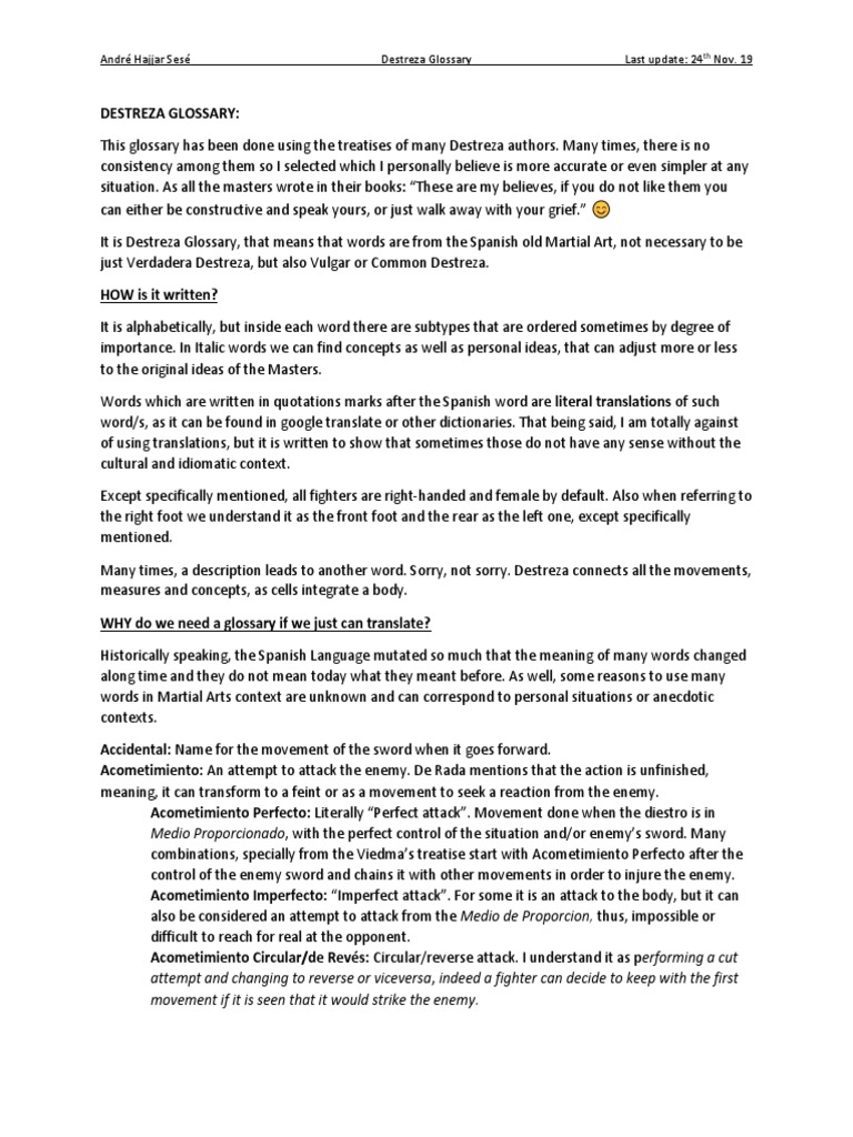 Destreza Glossary Draft | PDF | Sword | Translations