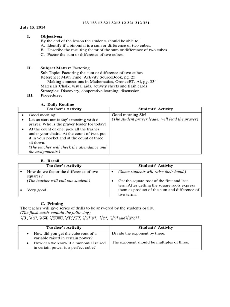 Lesson Plan: Factoring Cubes for Grade 8 | PDF | Polynomial | Algebra