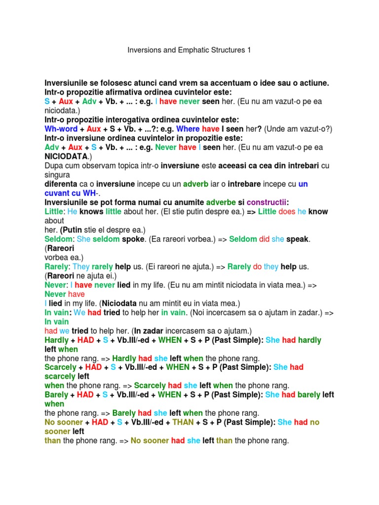 Inversions and Emphatic Structures 1 | PDF | Grammar | Linguistic ...