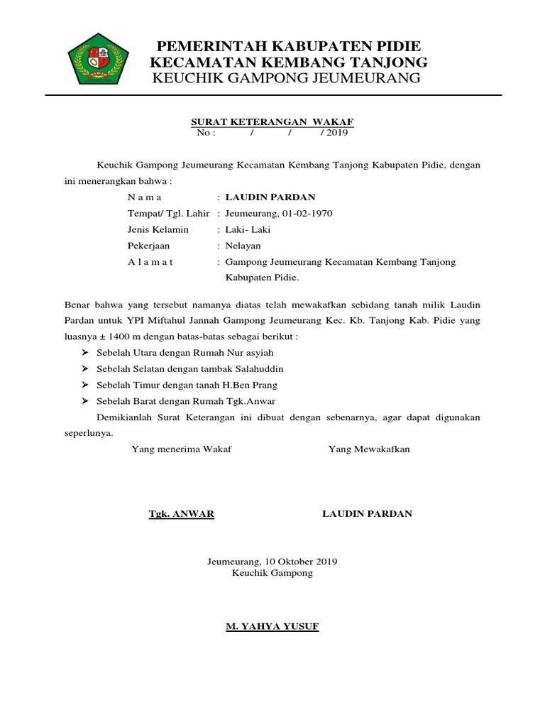 Surat Keterangan Wakaf Tanah 2019 | PDF