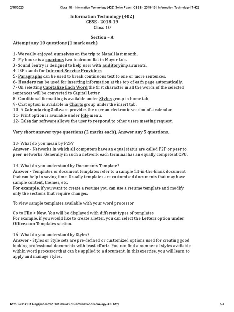 Class 10 - Information Technology (402) Solve Paper, CBSE - 2018-19 ...