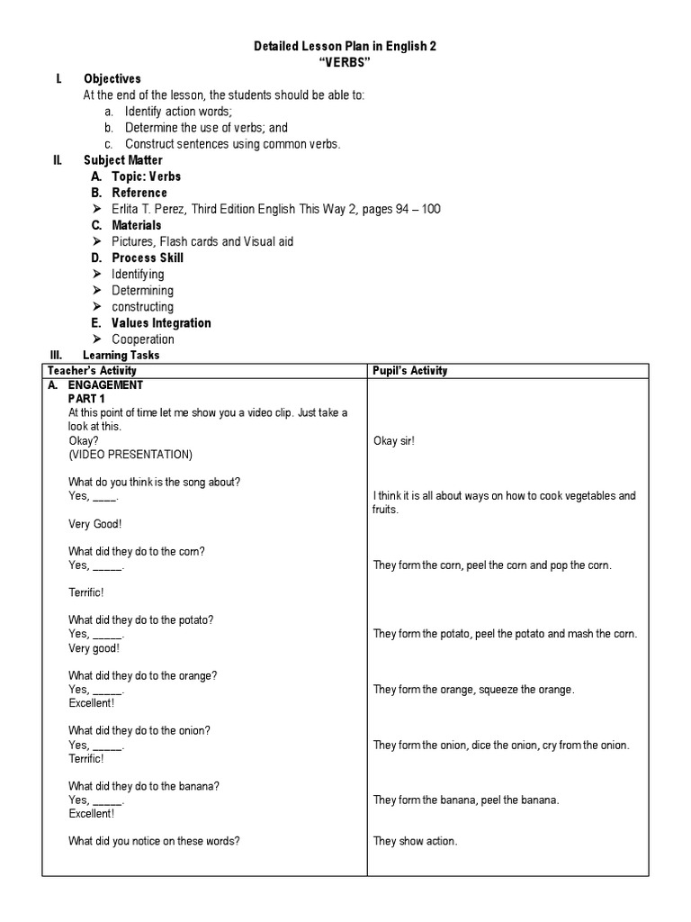 Grade 2 Detailed Lesson Plan: Verbs | PDF | Verb | Lesson Plan