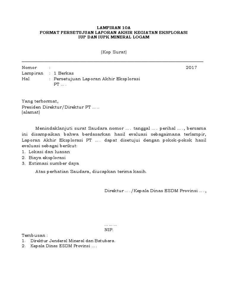 Lampiran 10A - Format Persetujuan Laporan Akhir Eksplorasi Mineral Logam | PDF