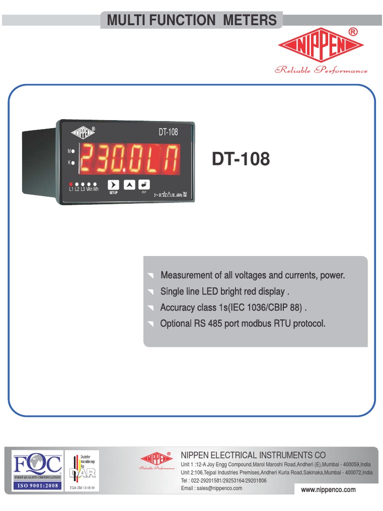 DT 108 Energy Multifunction Meter | PDF | Alternating Current | Ac Power
