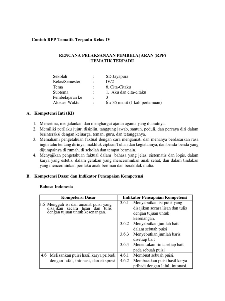 Contoh RPP Tematik Tema 6 Sub Tema 1 PB 3 Gendro | PDF
