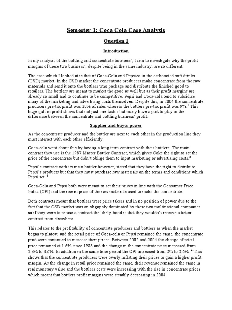 Semester 1 Coca Cola Case Analysis | PDF | Coca Cola | Pepsi