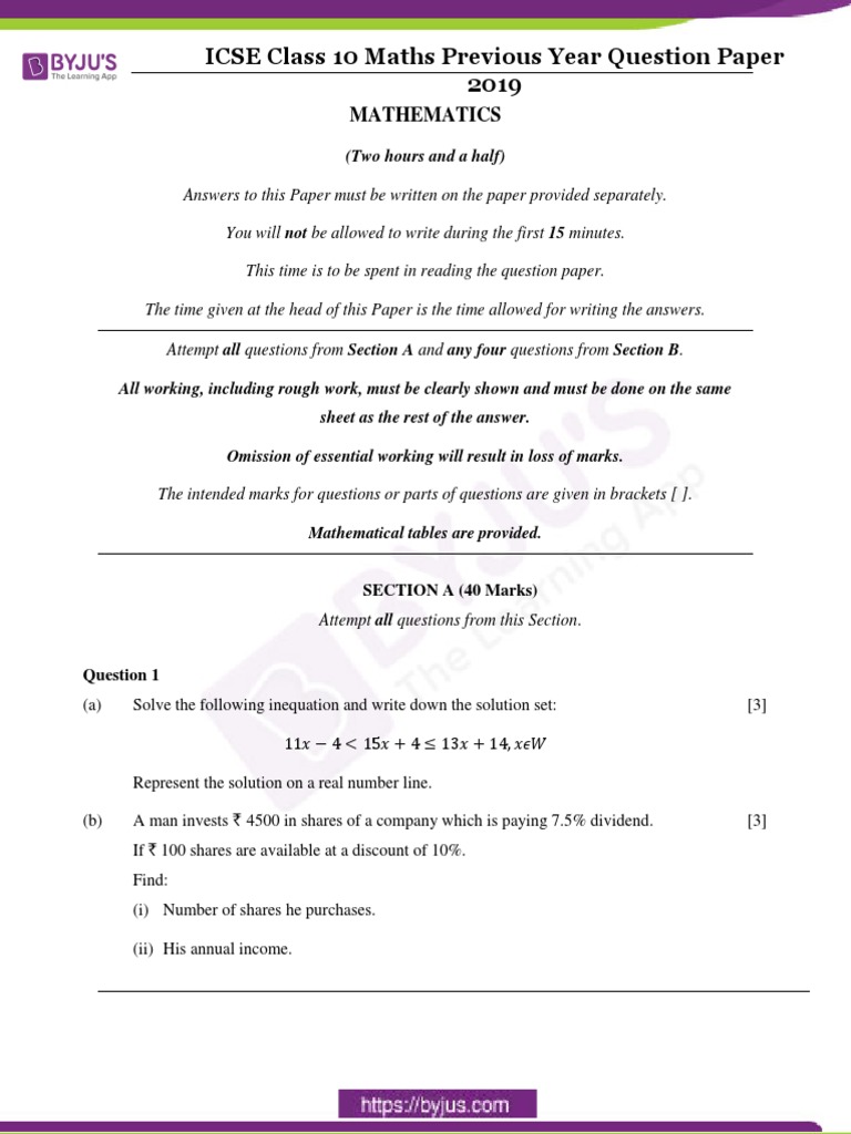 ICSE Class 10 Maths Previous Year Question Paper 2019 | PDF | Circle | Area