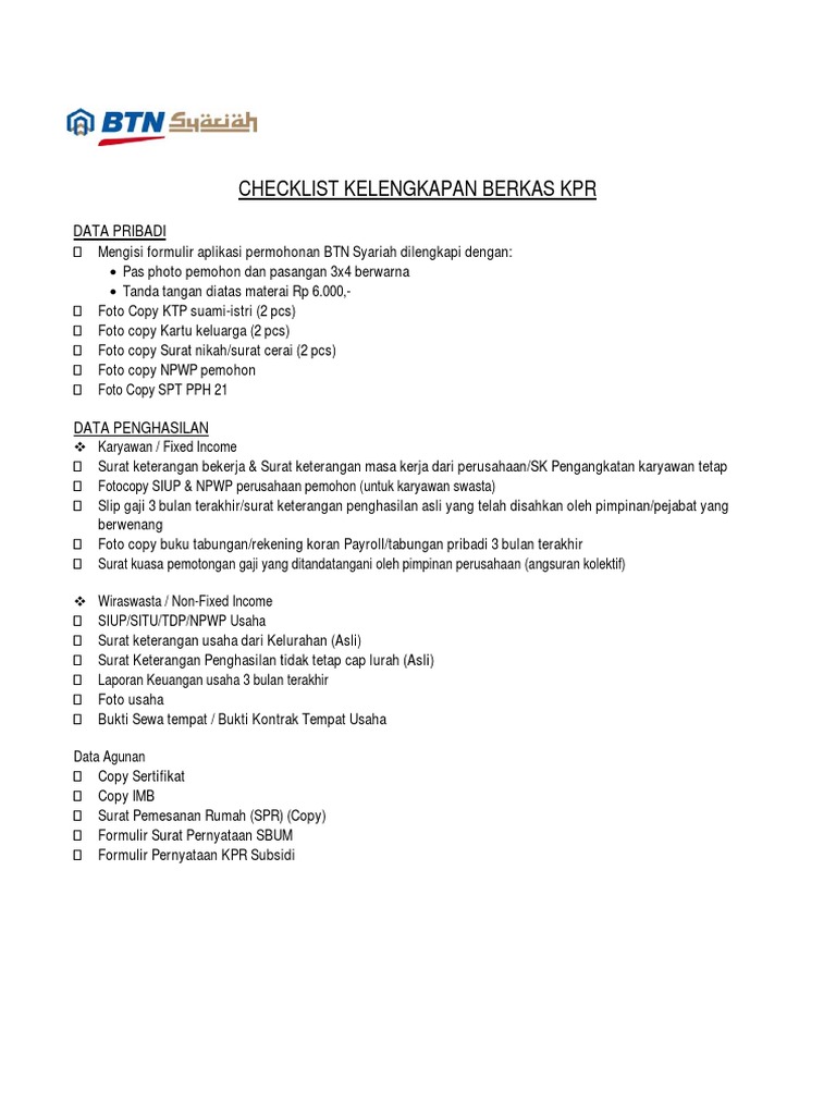 Checklist Berkas KPR Bersubsidi | PDF