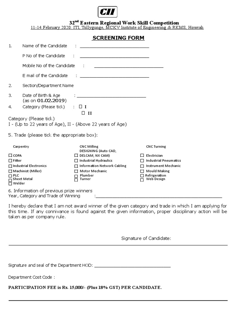 32nd CII - WSC - Screening Test Form | PDF | Economic Sectors | Engineering
