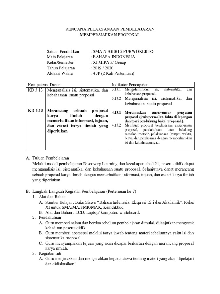 RPP Satu Lembar PROPOSAL | PDF