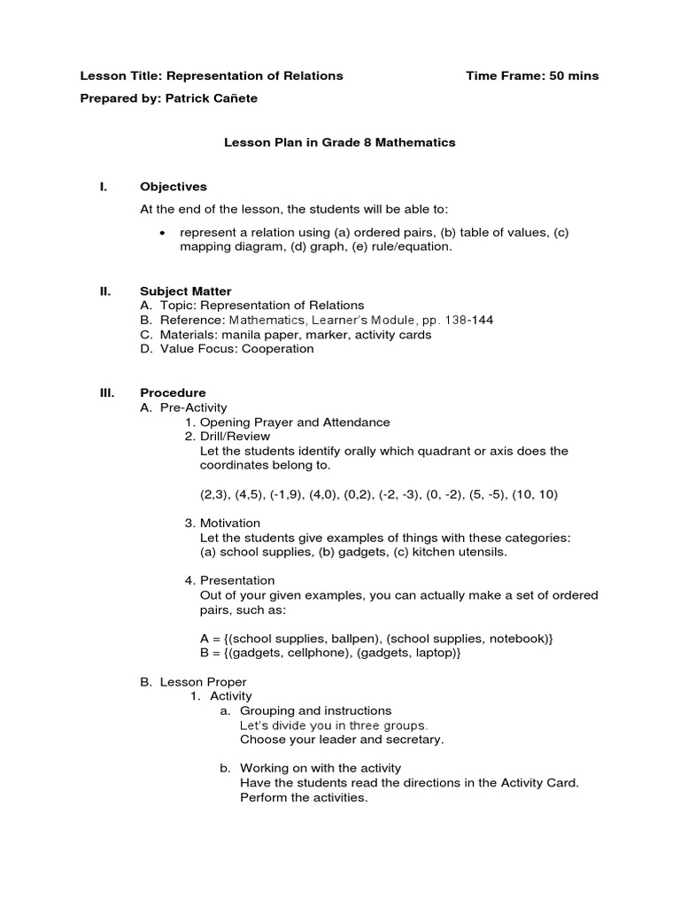 Lesson Plan Grade 8 | PDF | Cartesian Coordinate System | Lesson Plan