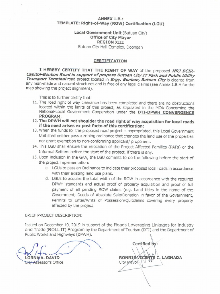 Template-Right of Way (Row) Certification (Lgu) S | PDF