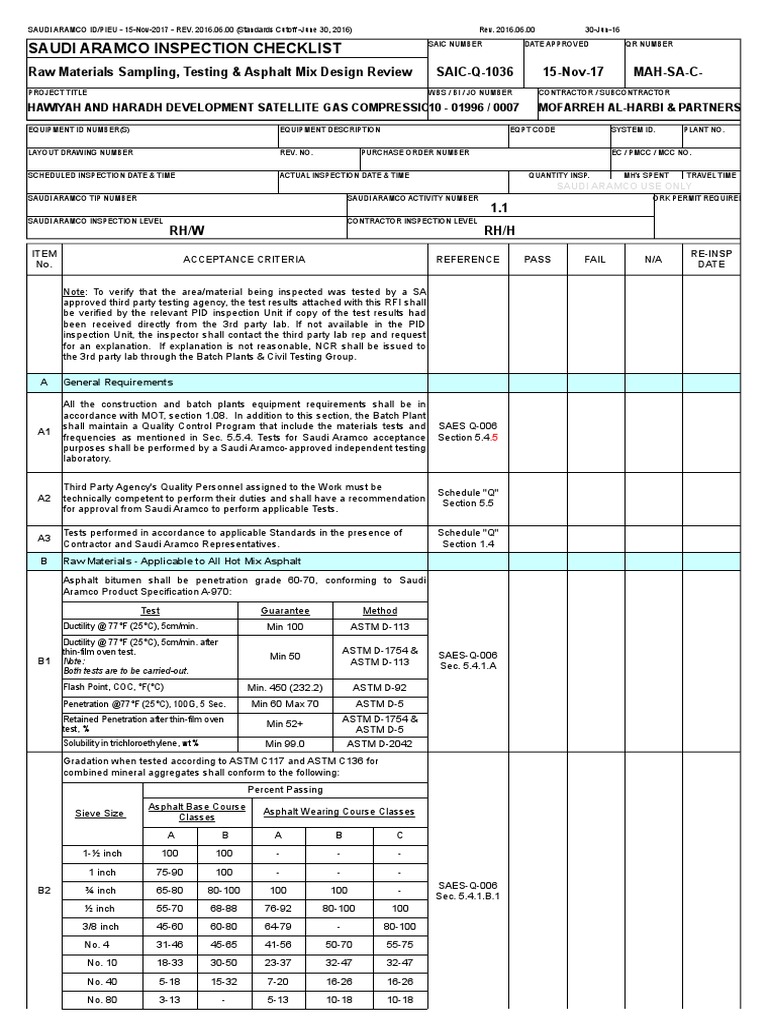 SAIC-Q-1036 Raw Materials Sampling, Testing & Asphalt Mix Design Review ...