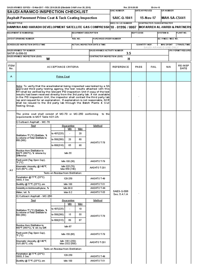 SAIC-Q-1041 Asphalt Pavement Prime Coat & Tack Coating Inspection | PDF ...