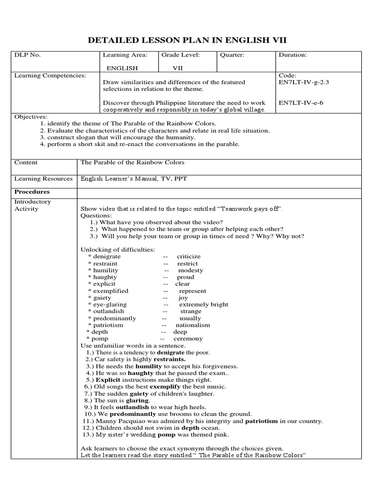 Grade 7 LP Parable | PDF | Cognition | Learning