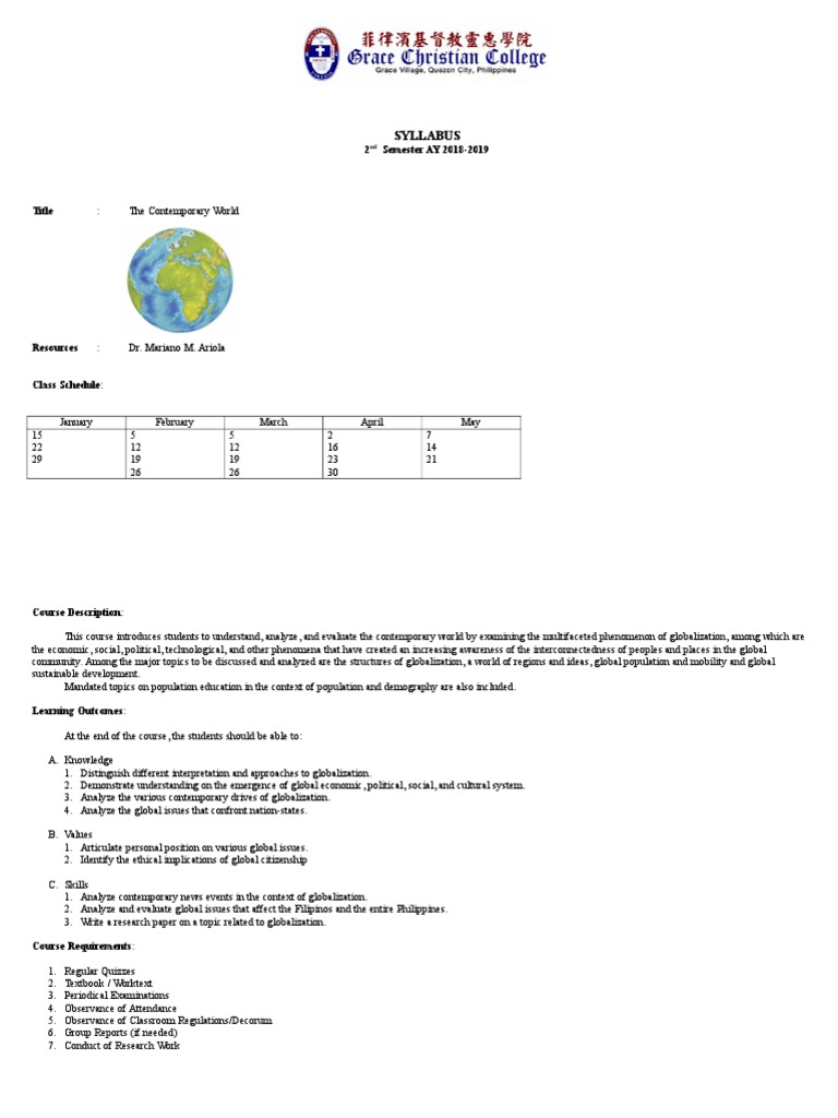 Syllabus Contemporary World and Philippine History | PDF | Primary ...