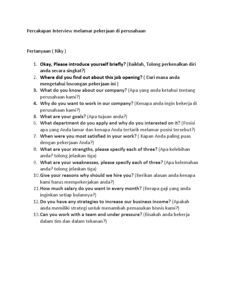 Percakapan Interview Melamar Pekerjaan Di Perusahaan | PDF