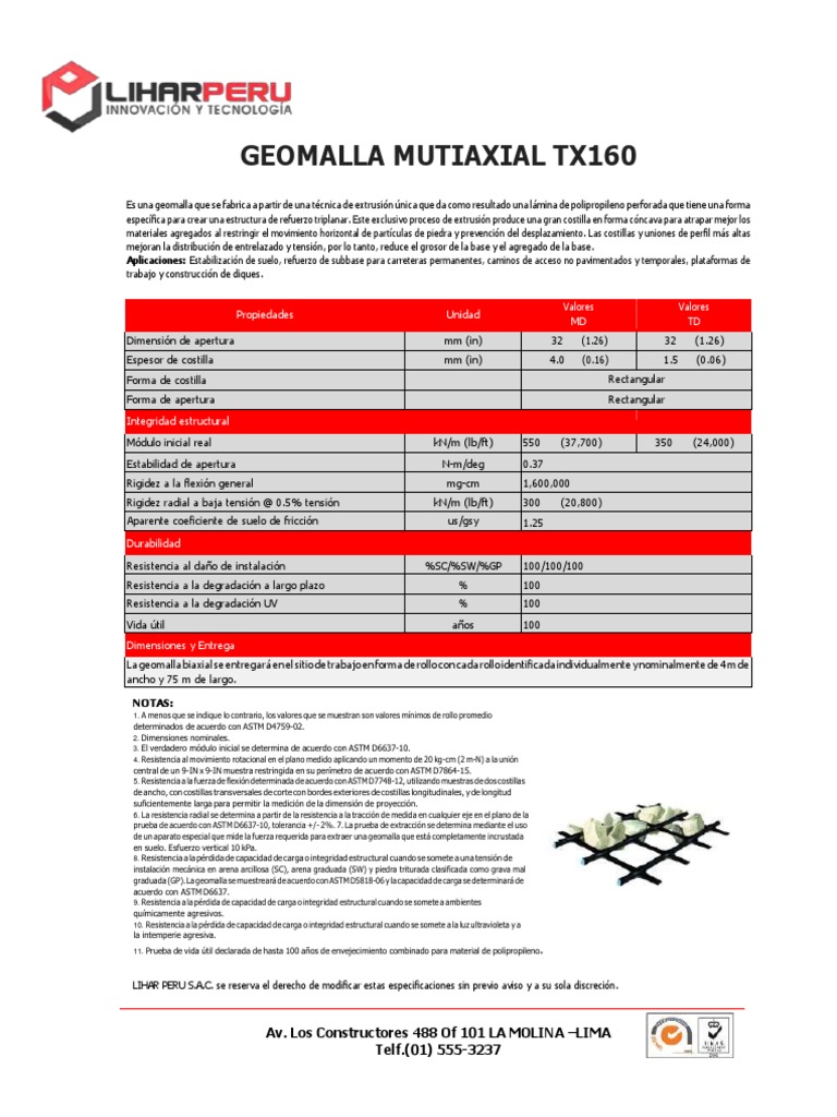Geomalla Triaxial TX160: Especificaciones y Precio | PDF | Rigidez ...