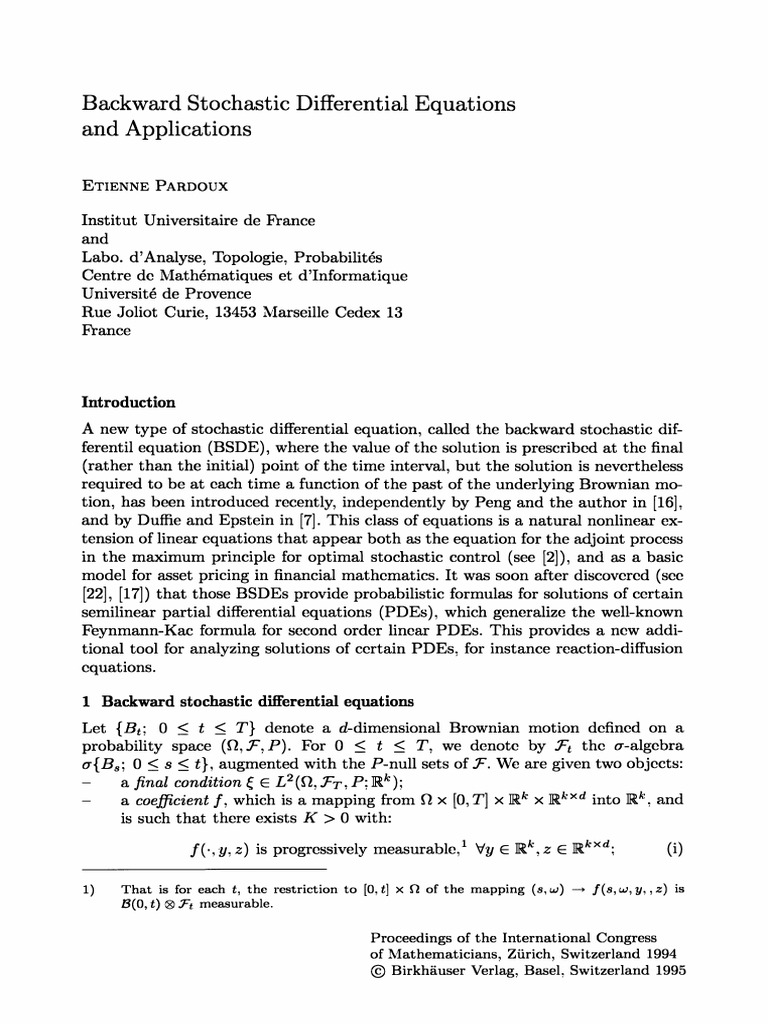 Backward Stochastic Differential Equations And Applications Pdf Stochastic Differential