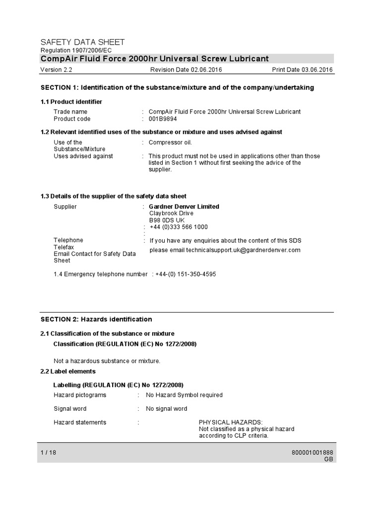 Compressor Oil Safety Data Sheet Summary | PDF | Toxicity | Dangerous Goods