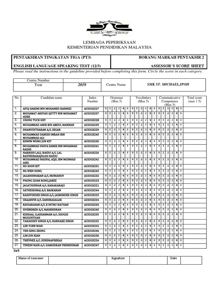 Assessors Score Sheet 3a9 | PDF