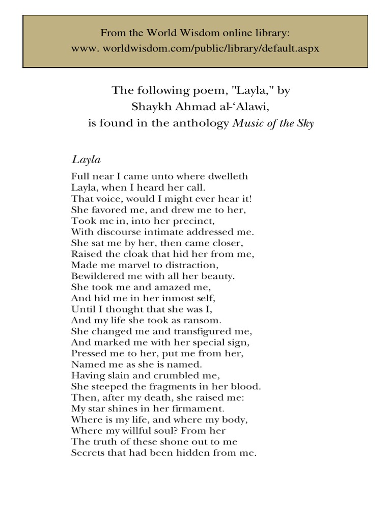 Layla A Poem by Shaykh Ahmad Al-Alawi | PDF