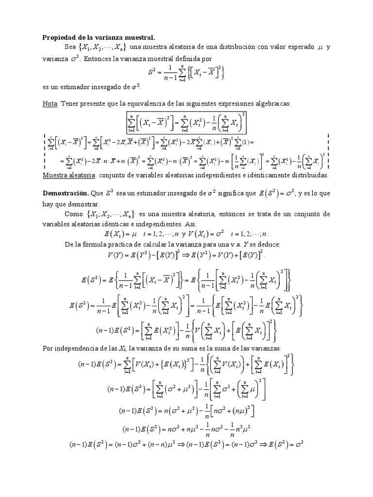 Demostración Varianza Muestral Estimador Insesgado para La Varianza | PDF | Diferencia | Estimador