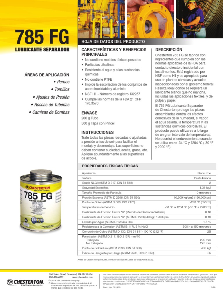 Pasta Anti-Adherente 785 H1 Chesterton | PDF | Tornillo | Materiales