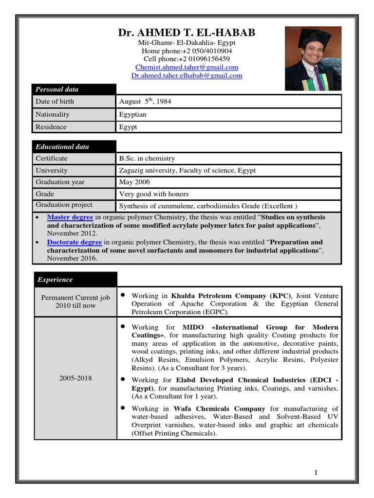 Dr. Ahmed Taher El-Habab, R&D Chemist Consultant CV | PDF | Varnish | Paint