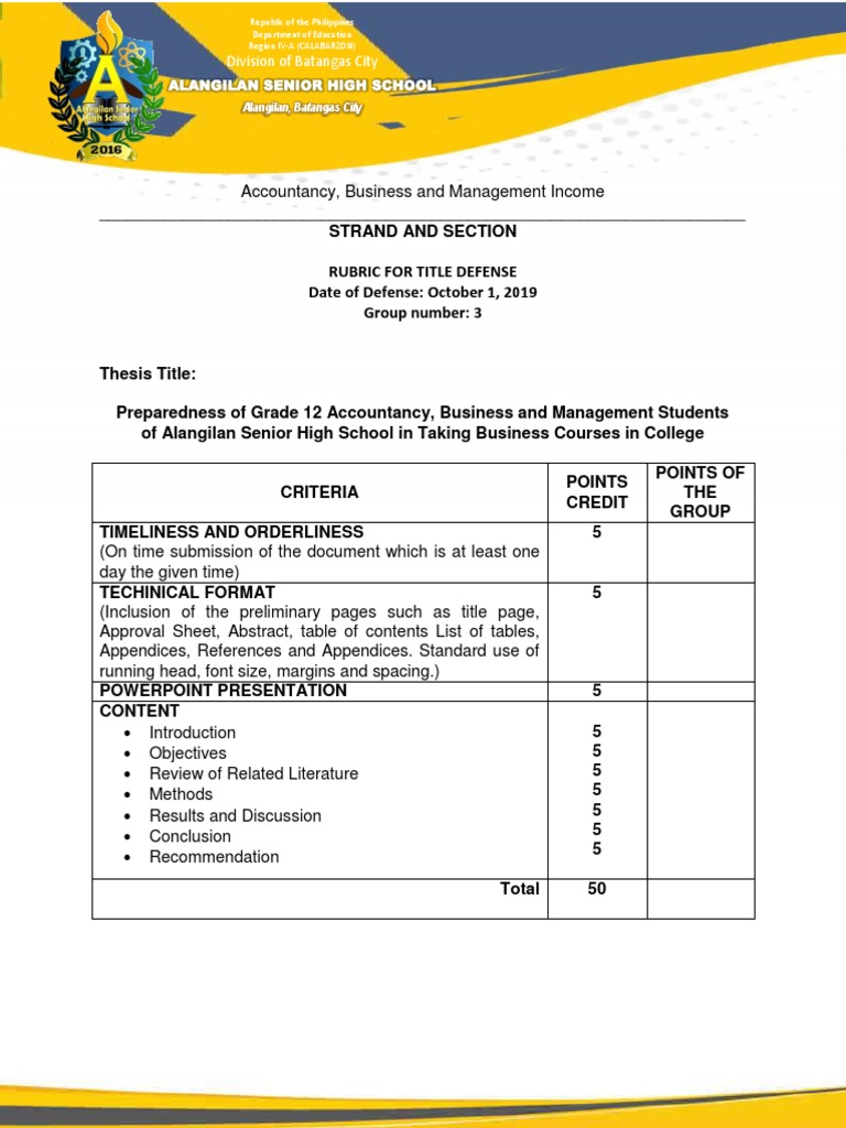 Rubrics For Final Defense | PDF | Academia | Learning