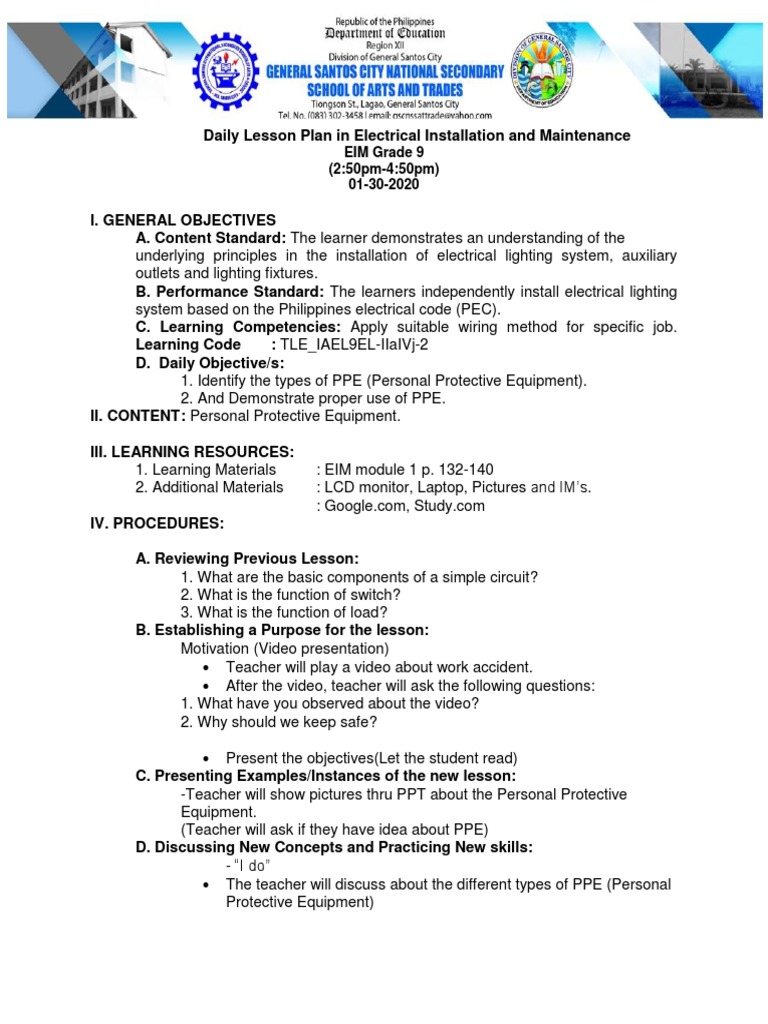 Lesson Plan g9 PPE | PDF | Personal Protective Equipment | Lesson Plan