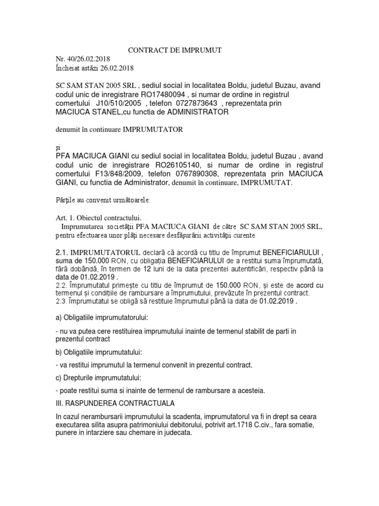 Contract - Creditare - Sam Stan Si Giani | PDF