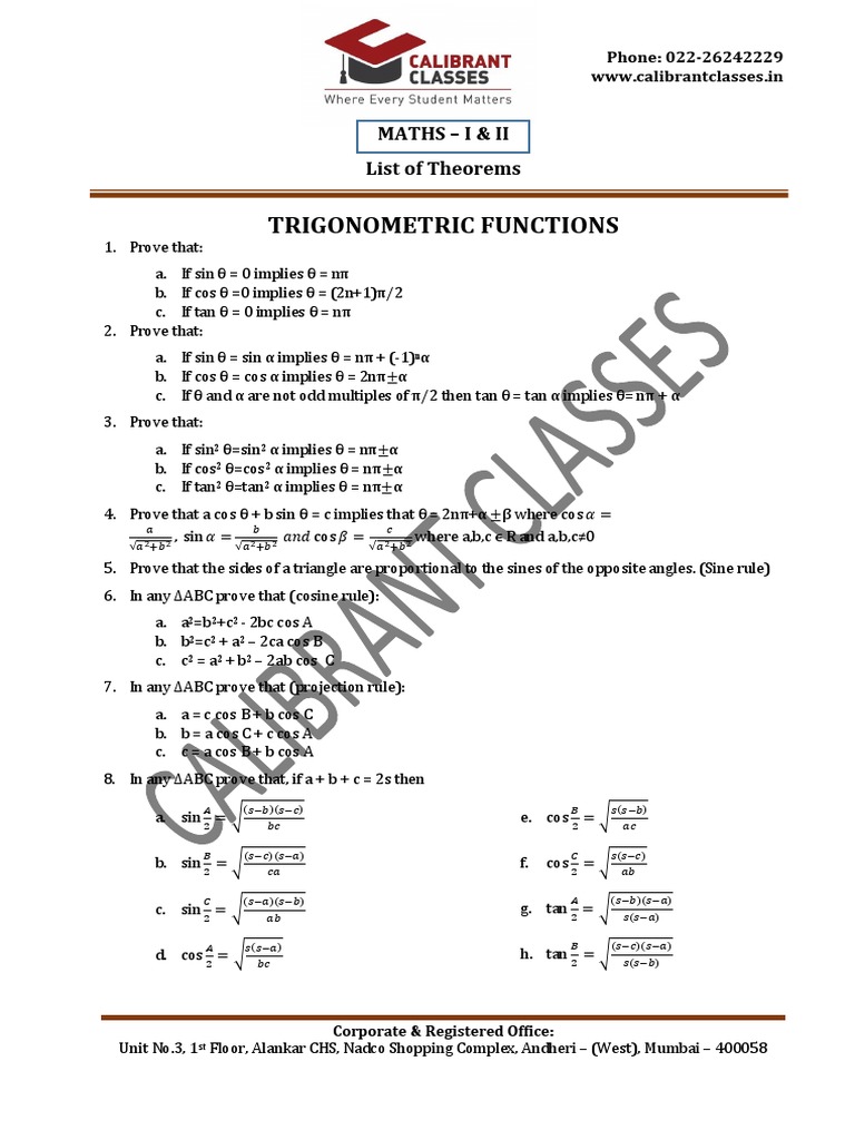 Maths - List of Theorems PDF | PDF | Trigonometric Functions | Sine