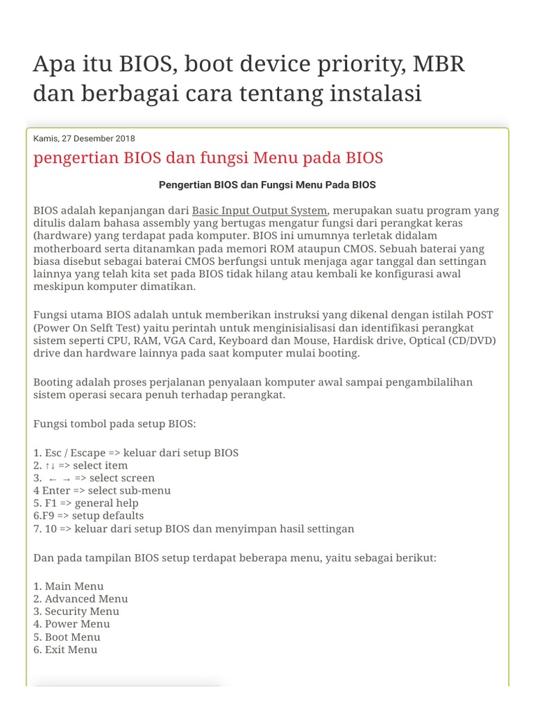 Apa Itu BIOS, Boot Device Priority, MBR Dan Berbagai Cara Tentang Instalasi Pengertian BIOS Dan ...