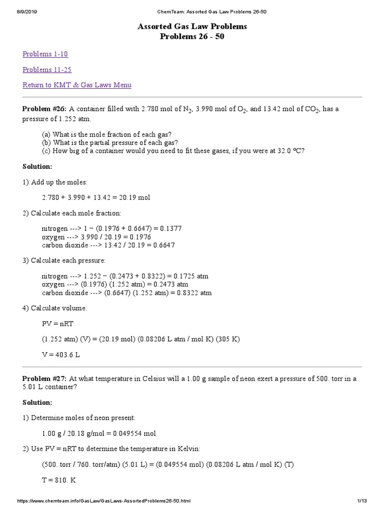 ChemTeam - Assorted Gas Law Problems 26-50 | PDF | Molar Concentration ...